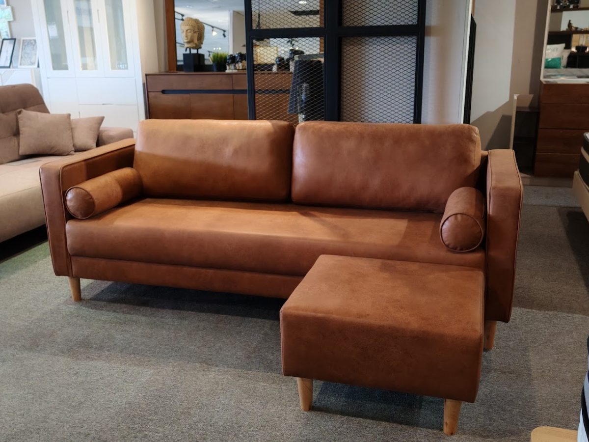 Mid-Century Modern Tech Fabric Leather-like Sofa & Ottoman – Cognac ...